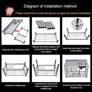 NYCDA Utility Free-Standing Commercial Sink, Outdoor Stainless Steel Sink Single Bowl Restaurant Kitchen Sink Set, w/Drainboard & Double Storage Shelves, Faucet 80x50x80cm/31.5x19.7x31.5in Right