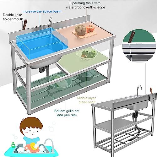 NYCDA Utility Free-Standing Commercial Sink, Outdoor Stainless Steel Sink Single Bowl Restaurant Kitchen Sink Set, w/Drainboard & Double Storage Shelves, Faucet 80x50x80cm/31.5x19.7x31.5in Right