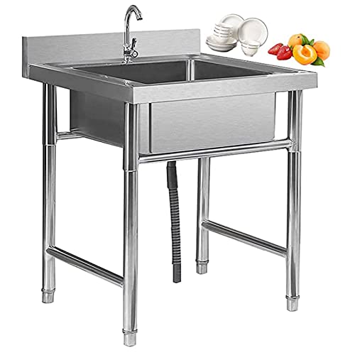 Catering Kitchen Sink, Single Bowl Brushed Stainless Steel Commercial Sink Free?Standing?Utility?Washbasin with Accessories Faucet Used to Restaurant Outdoor Workstation (60 * 60 * 80cm)