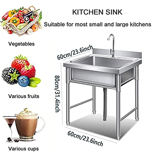 Catering Kitchen Sink, Single Bowl Brushed Stainless Steel Commercial Sink Free?Standing?Utility?Washbasin with Accessories Faucet Used to Restaurant Outdoor Workstation (60 * 60 * 80cm)