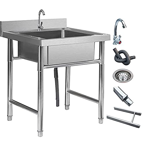 Stainless Steel Sink, Commercial Utility Kitchen Sink Multifunction Free Standing Movable Single?Bowl?Catering Sink Household Wash Vegetable Basin with Backsplash Faucet (60 * 60 * 80cm)