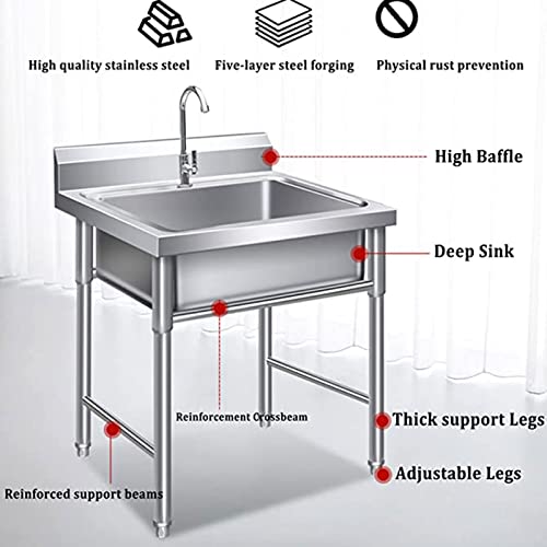 Stainless Steel Sink, Commercial Utility Kitchen Sink Multifunction Free Standing Movable Single?Bowl?Catering Sink Household Wash Vegetable Basin with Backsplash Faucet (60 * 60 * 80cm)