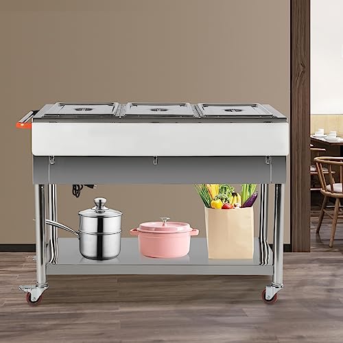 KOLHGNSE Commercial Electric Food Warmer, 3-Pot Steam Table Food Warmer 0-100℃ with Movable Wheels, Professional Stainless Steel Material for Catering and Restaurants