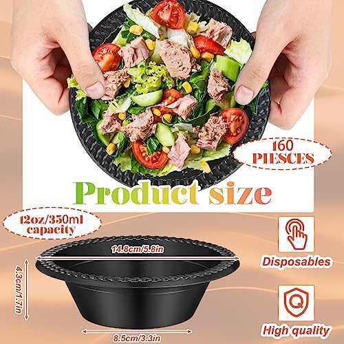 Lallisa 160 Pcs 12 oz Disposable Plastic Bowls 5.8 Inch Snack Bowls Dessert Bowls Disposable Salad Bowls Plastic Ice Cream Bowls Plastic Food Serving Bowls for Party Picnic (Black)