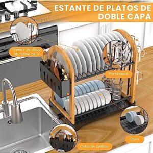 MENGK Efficient and Stylish 2-Tier Drying Dish Rack with Drain Board Set - Organize Your Kitchen Counter and Keep Dishes Neatly Arranged - Metal Black Design