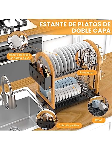 MENGK Efficient and Stylish 2-Tier Drying Dish Rack with Drain Board Set - Organize Your Kitchen Counter and Keep Dishes Neatly Arranged - Metal Black Design