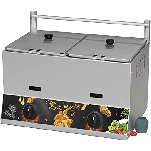 Commercial Gas Deep Fat Fryer Twin Tank, 22L Tabletop Stainless Steel Chip Fryer with Lid, Manual Adjustment Temperature, for Catering Takeaway Restaurant Café Coffee Shop