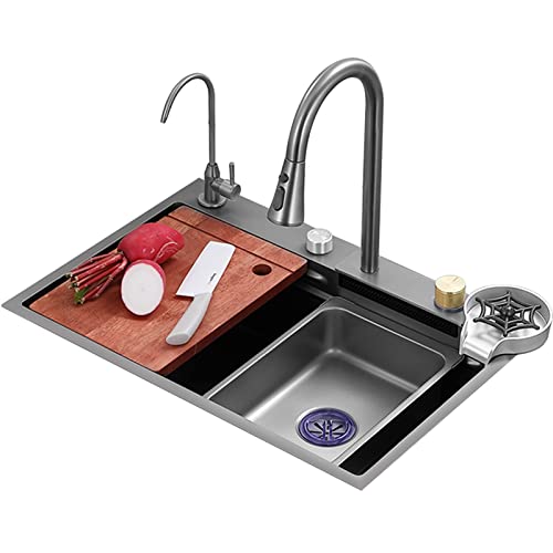 Drop-in Kitchen Sink, Stainless Steel Nano Waterfall Sink, Commercial Sink Single Bowl with Pull-Down Faucet Chopping Board and Cup Washer Workstation Sink Accessories