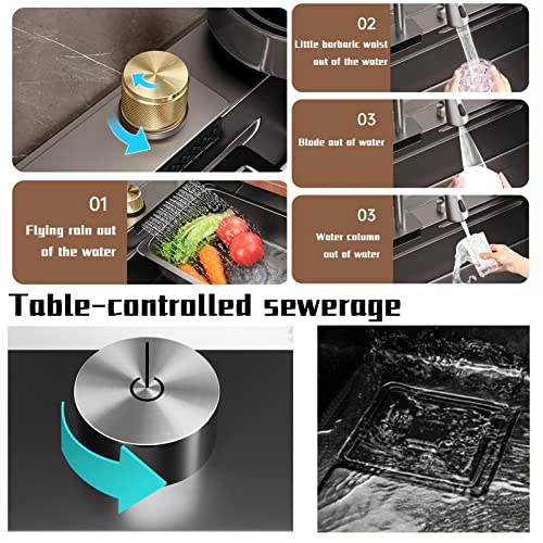 Drop-in Kitchen Sink, Stainless Steel Nano Waterfall Sink, Commercial Sink Single Bowl with Pull-Down Faucet Chopping Board and Cup Washer Workstation Sink Accessories