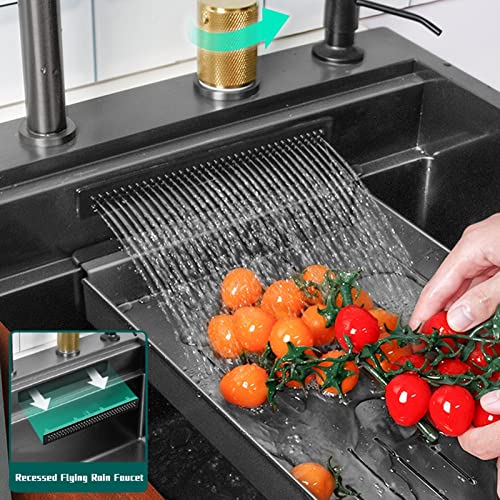 Drop-in Kitchen Sink, Stainless Steel Nano Waterfall Sink, Commercial Sink Single Bowl with Pull-Down Faucet Chopping Board and Cup Washer Workstation Sink Accessories