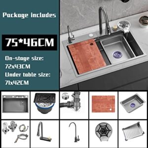 Drop-in Kitchen Sink, Stainless Steel Nano Waterfall Sink, Commercial Sink Single Bowl with Pull-Down Faucet Chopping Board and Cup Washer Workstation Sink Accessories