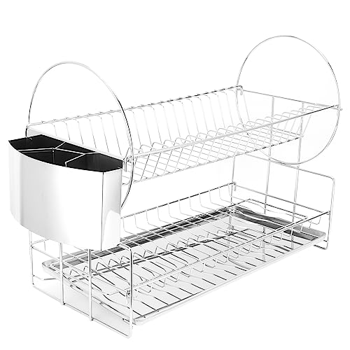 Dish Dryer Rack, Double Layer Stainless Steel Bowl Dish Rack - Space Saving Draining Rack and Storage Organizer - Premium Kitchen Accessories for Efficient Drying and Organization