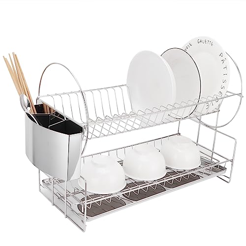 Dish Dryer Rack, Double Layer Stainless Steel Bowl Dish Rack - Space Saving Draining Rack and Storage Organizer - Premium Kitchen Accessories for Efficient Drying and Organization