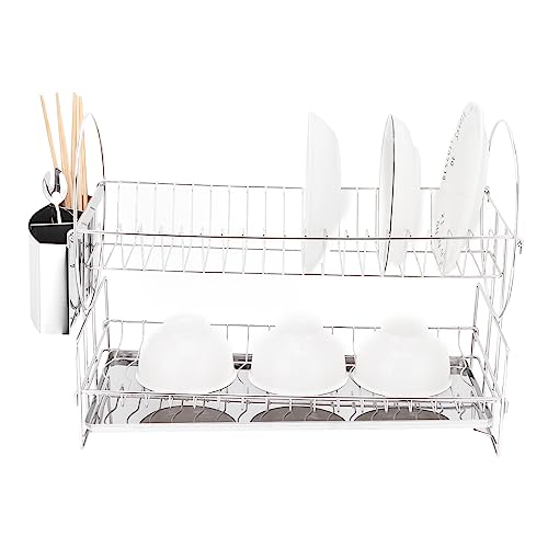 Dish Dryer Rack, Double Layer Stainless Steel Bowl Dish Rack - Space Saving Draining Rack and Storage Organizer - Premium Kitchen Accessories for Efficient Drying and Organization