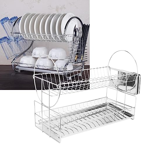 Dish Dryer Rack, Double Layer Stainless Steel Bowl Dish Rack - Space Saving Draining Rack and Storage Organizer - Premium Kitchen Accessories for Efficient Drying and Organization