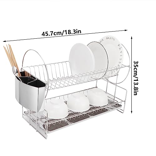 Dish Dryer Rack, Double Layer Stainless Steel Bowl Dish Rack - Space Saving Draining Rack and Storage Organizer - Premium Kitchen Accessories for Efficient Drying and Organization