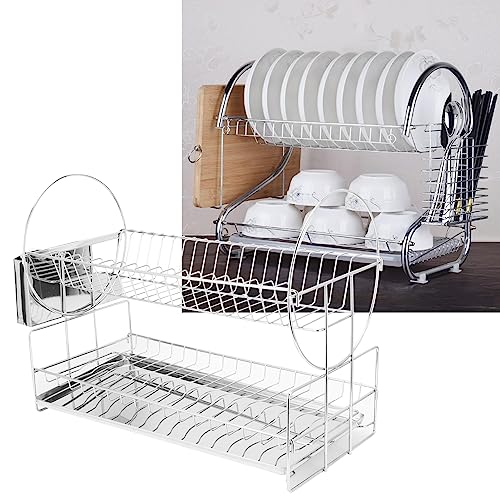 Dish Dryer Rack, Double Layer Stainless Steel Bowl Dish Rack - Space Saving Draining Rack and Storage Organizer - Premium Kitchen Accessories for Efficient Drying and Organization