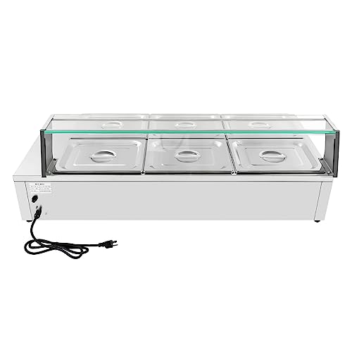 110V Bain Marie Food Warmer 6 Pan, Food Grade Stainelss Steel Commercial Food Steam Table 6-Inch Deep, 1200W Electric Countertop Food Warmer with Tempered Glass Shield