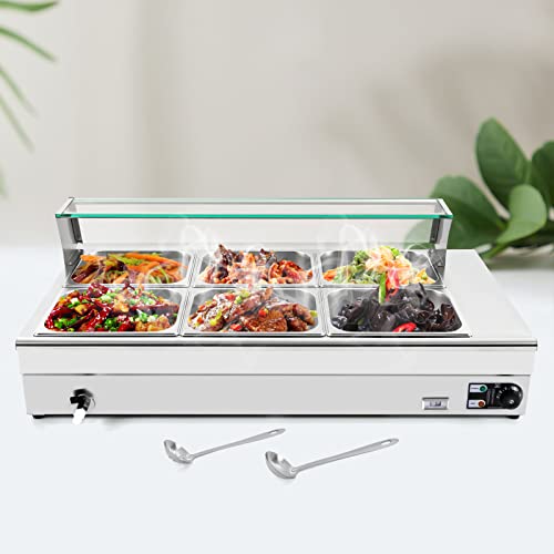 110V Bain Marie Food Warmer 6 Pan, Food Grade Stainelss Steel Commercial Food Steam Table 6-Inch Deep, 1200W Electric Countertop Food Warmer with Tempered Glass Shield