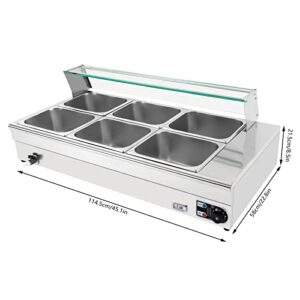 110V Bain Marie Food Warmer 6 Pan, Food Grade Stainelss Steel Commercial Food Steam Table 6-Inch Deep, 1200W Electric Countertop Food Warmer with Tempered Glass Shield