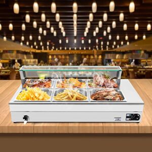 110V Bain Marie Food Warmer 6 Pan, Food Grade Stainelss Steel Commercial Food Steam Table 6-Inch Deep, 1200W Electric Countertop Food Warmer with Tempered Glass Shield