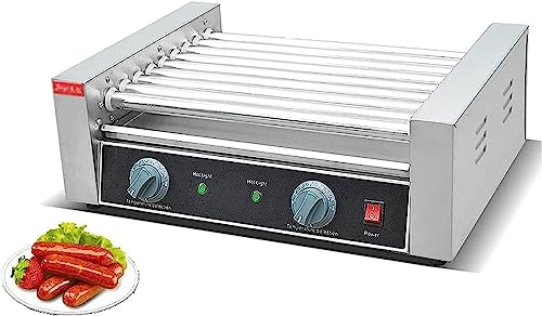 Hotdog Roller Grill Stainless Steel Hot Dog Roller Machine, 9 Roller Grill Hot Dog Warmer Cooker Machine, 50-190° Temperature Control, For Food Street, Snack Bar, Restaurant