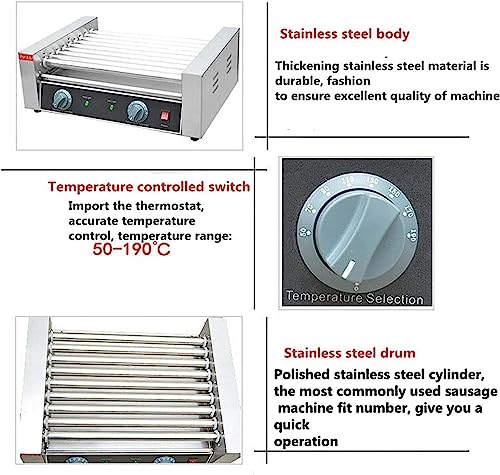 Hotdog Roller Grill Stainless Steel Hot Dog Roller Machine, 9 Roller Grill Hot Dog Warmer Cooker Machine, 50-190° Temperature Control, For Food Street, Snack Bar, Restaurant