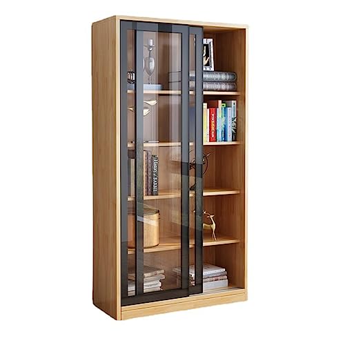 ZIVERDO Solid Wood Book Storage Cabinet, Buffet Storage Cupboard with Clear Doors and Adjustable Shelves, Large Capacity Sideboard Rack with Auto Sensor LED Light