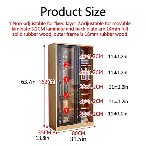 ZIVERDO Solid Wood Book Storage Cabinet, Buffet Storage Cupboard with Clear Doors and Adjustable Shelves, Large Capacity Sideboard Rack with Auto Sensor LED Light