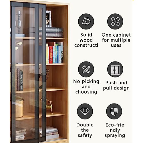 ZIVERDO Solid Wood Book Storage Cabinet, Buffet Storage Cupboard with Clear Doors and Adjustable Shelves, Large Capacity Sideboard Rack with Auto Sensor LED Light