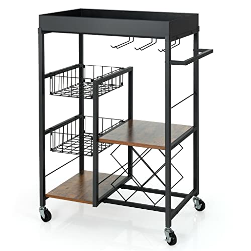 LIUJUN 4-Tier Kitchen Bar Cart Rolling Serving Trolley Wine Rack Removable Tray Basket