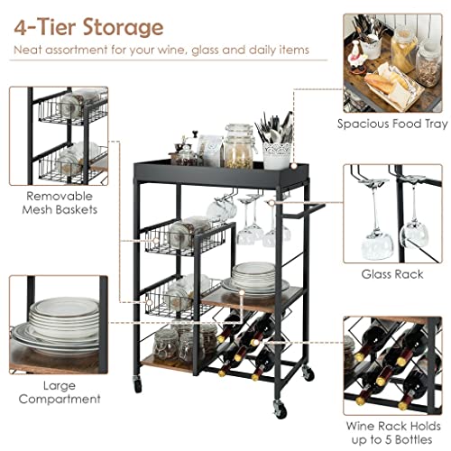 LIUJUN 4-Tier Kitchen Bar Cart Rolling Serving Trolley Wine Rack Removable Tray Basket