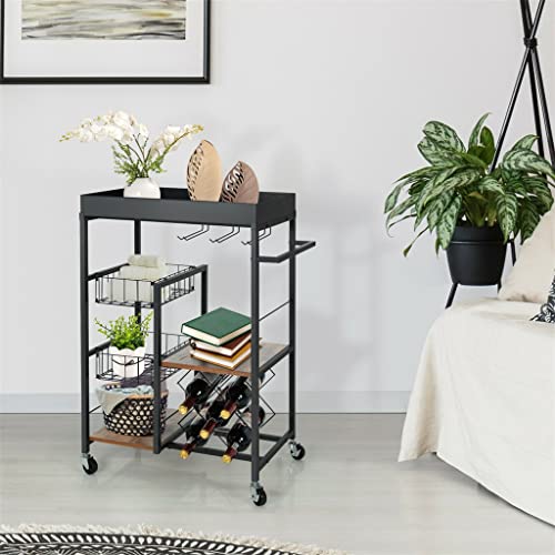 LIUJUN 4-Tier Kitchen Bar Cart Rolling Serving Trolley Wine Rack Removable Tray Basket