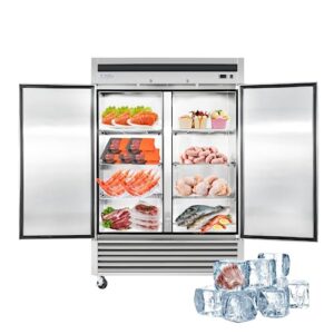 bluelinetech 54" commercial freezer 2 solid door, 47.3 cu. ft smart temperature control stainless steel reach-in upright commercial freezer for commercial kitchen, restuarant, bar, shop, etc