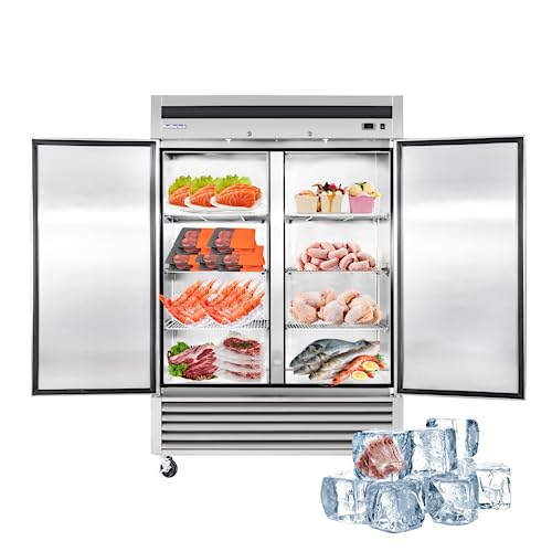 Bluelinetech 54" Commercial Freezer 2 Solid Door, 47.3 cu. ft Smart Temperature Control Stainless Steel Reach-in Upright Commercial Freezer for Commercial Kitchen, Restuarant, Bar, Shop, etc