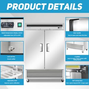 Bluelinetech 54" Commercial Freezer 2 Solid Door, 47.3 cu. ft Smart Temperature Control Stainless Steel Reach-in Upright Commercial Freezer for Commercial Kitchen, Restuarant, Bar, Shop, etc