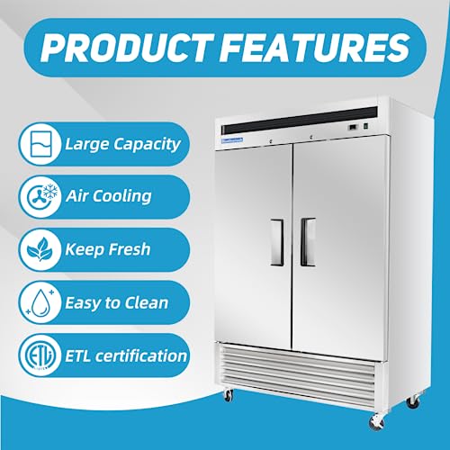 Bluelinetech 54" Commercial Freezer 2 Solid Door, 47.3 cu. ft Smart Temperature Control Stainless Steel Reach-in Upright Commercial Freezer for Commercial Kitchen, Restuarant, Bar, Shop, etc