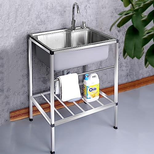 ORNBDDM Outdoor Sink, Commercial Stainless Steel Sink,Single Bowl Commercial Kitchen Sink w/Workbench, Utility Kitchen Sinks W/Faucet/Drain Kit 60 * 45cm/24 * 18in