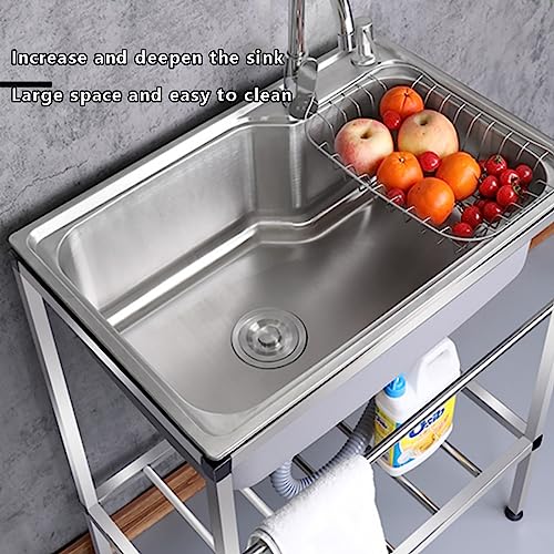 ORNBDDM Outdoor Sink, Commercial Stainless Steel Sink,Single Bowl Commercial Kitchen Sink w/Workbench, Utility Kitchen Sinks W/Faucet/Drain Kit 60 * 45cm/24 * 18in