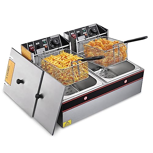 WeChef 24L Commercial Deep Fryer with Dual Tank Baskets&Lids 5000W Stainless Steel Electric Countertop Fryer for Restaurant Food Truck