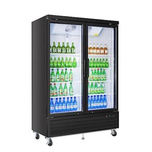 bluelinetech 56.4" w display refrigerator double glass door, 35.7 cu.ft commercial beverage merchandiser cooler fan cooling reach-in fridge with led lightning for restaurant bar shop