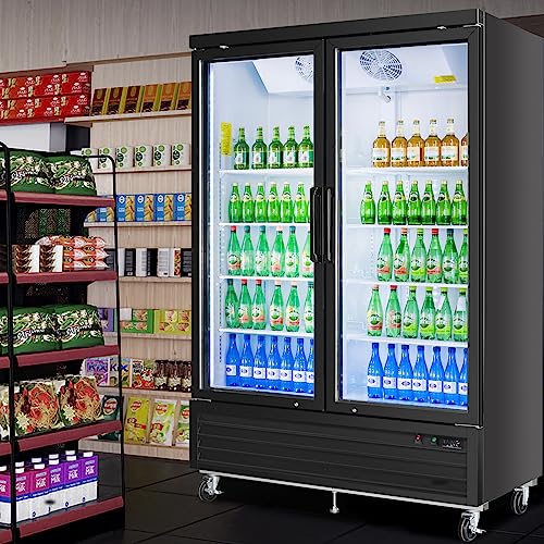 BLUELINETECH 56.4" W Display Refrigerator Double Glass Door, 35.7 Cu.ft Commercial Beverage Merchandiser Cooler Fan Cooling Reach-in Fridge with LED Lightning for Restaurant Bar Shop