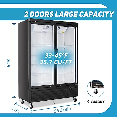 BLUELINETECH 56.4" W Display Refrigerator Double Glass Door, 35.7 Cu.ft Commercial Beverage Merchandiser Cooler Fan Cooling Reach-in Fridge with LED Lightning for Restaurant Bar Shop