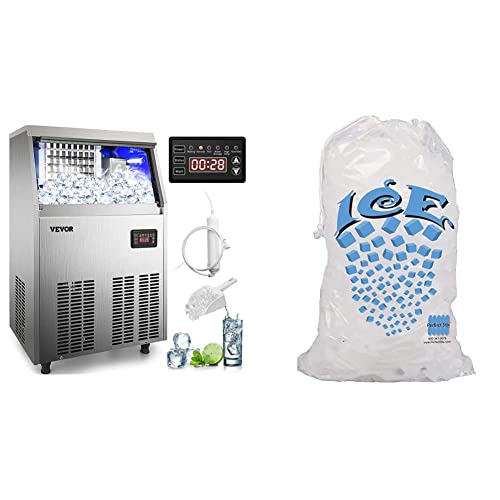 VEVOR Commercial Ice Maker Machine, 90-100LBS/24H with 33LBS Bin Stainless Steel & Perfectware - PW Icebags-DS-100ct 10lb Ice Bags with Drawstring-100ct