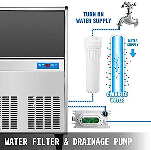 Ice Cube Makers, Commercial Ice Maker 150LBS/24H with 99LBS Bin, Heavy Duty Stainless Steel Construction, Auto Clean, Clear Cube, Air-Cooled, Include 2 Water Filters, Drain Pump, 2 Scoops, Connection