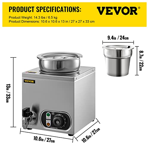 VEVOR Commercial Soup Warmer, 7.4 Qt Capacity, 300W 110V Electric Food Warmer, Adjustable Temp.86-185℉, Stainless Steel Countertop Soup Pot with Tap, Bain Marie Food Warmer for Cheese/Hot Dog/Rice