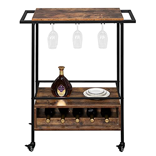 DARDDI Kitchen Island Serving Cart with Stemware Holder and Wine Bottle Racks,Two-Layer Double-Armrest Rolling Storage Cart,360° Omnidirectional Lockable Casters for Home,Dining Room,Office,Restaurant