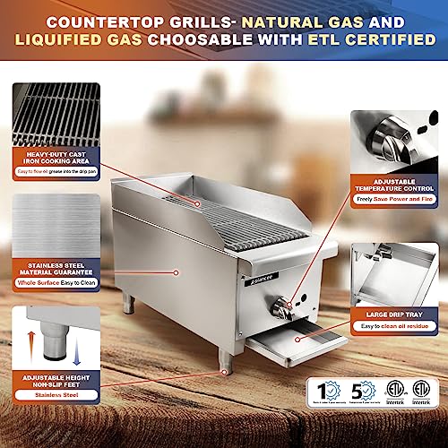 Aplancee Commercial Charbroiler 12" Natural and Propane Gas Grill Heavy Duty Countertop Griddle 1 Burner 28,000 BTU ETL Certified Commercial Cooking Equipment