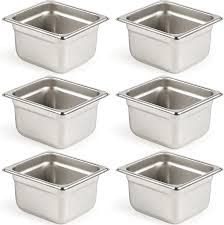 RJB Restaurant Supply 1/6 Hotel Pan 4 inches Deep - 6 Pack NSF 18/8 Stainless Steel Steam Table Pan, Chafing Dish Food Storage Pan (4" (100mm), 1/6 Sixth Pan)