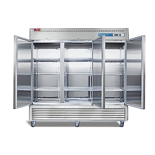 WESTLAKE 72"W Reach-in Commercial Freezer 3 Door 3 Section Stainless Steel Fan Cooling 54 Cu.ft Freezer for Restaurant, Bar, Shop, etc